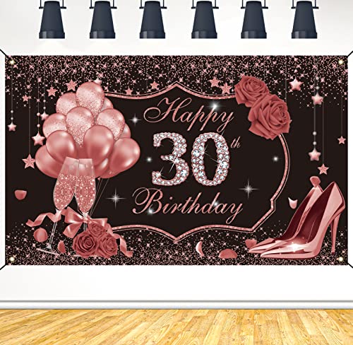 Ufocusmi 30th Birthday Decorations for Women, Rose Gold Happy 30th Birthday Backdrop Banner, Cheers to 30 Years Party Supplies for Her, Dirty 30 Birthday Photography Background 6x3.6 ft