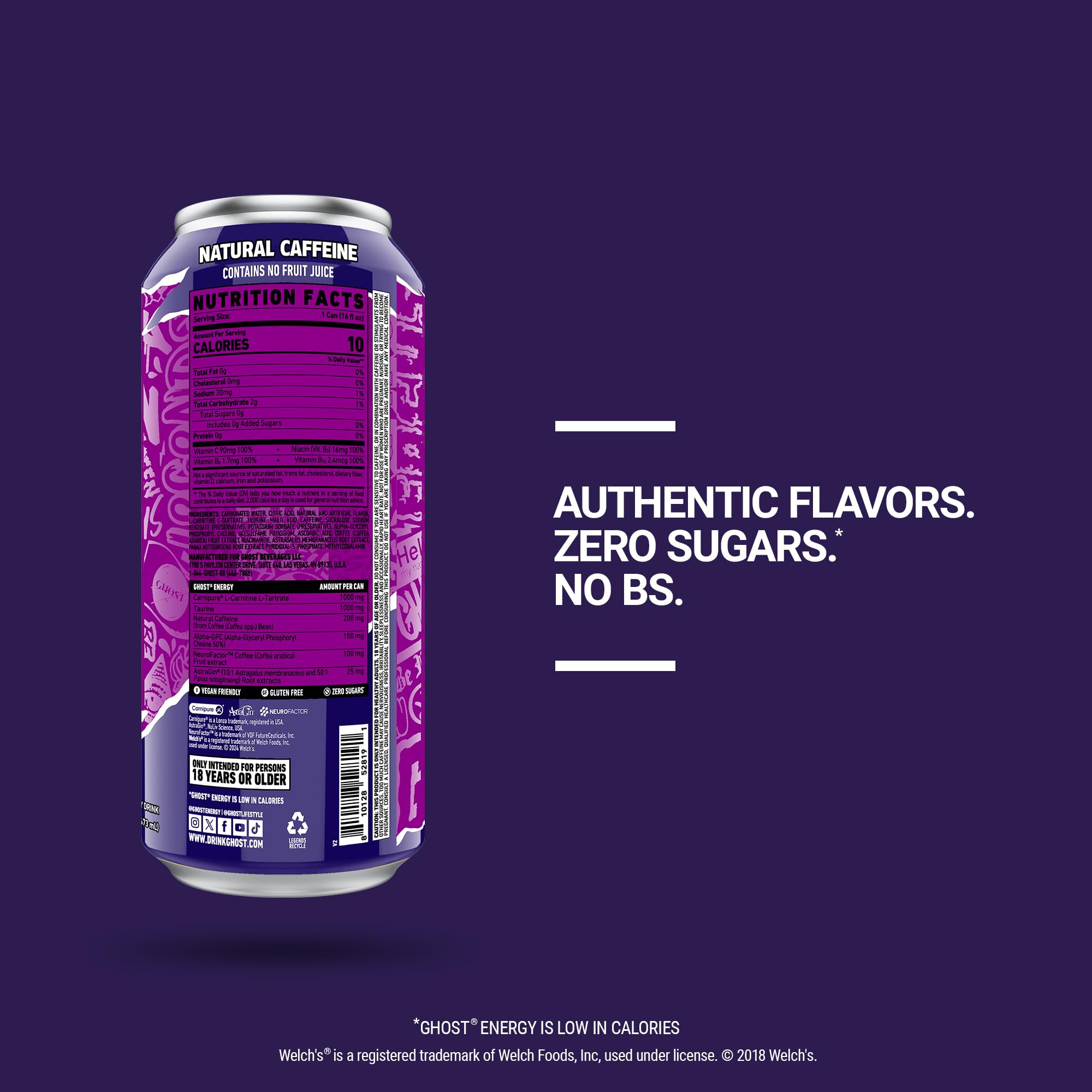 GHOST Energy Drink - 12-Pack, Welch's Grape, 16oz Cans - Energy & Focus & No Artificial Colors - 200mg of Natural Caffeine, L-Carnitine & Taurine - Gluten-Free & Vegan