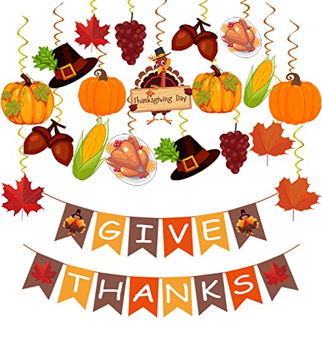 42Pcs Thanksgiving Decorations Pre-Assembled GIVE THANKS Banner Hanging Swirls for Indoor Outdoor Thanksgiving Decor Thanksgiving Decorations for Home