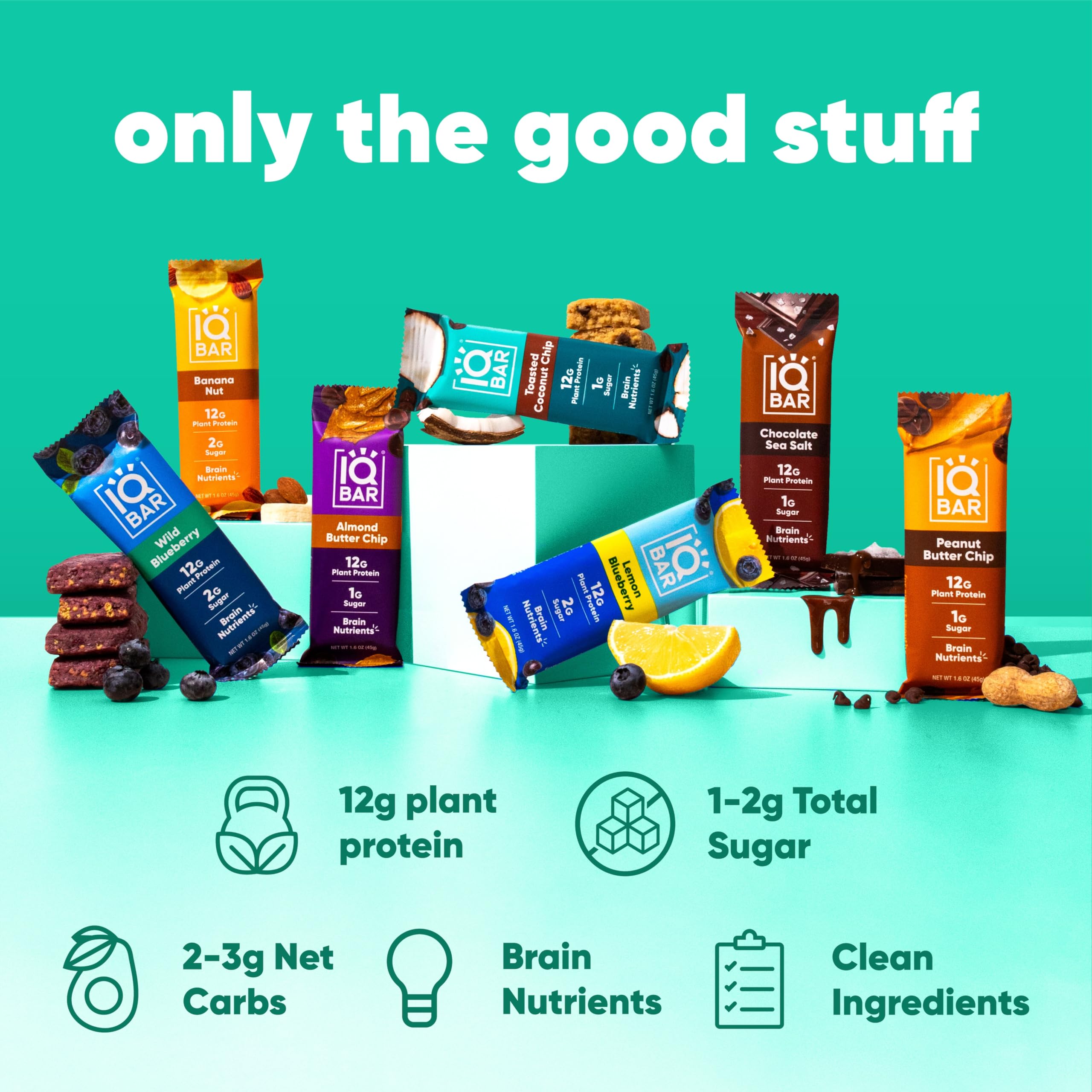 IQBAR Brain and Body Plant Protein Bars - 7 Bar Sampler Pack - Gluten Free, High Fiber, Vegan Snacks - Low Sugar Meal Replacement
