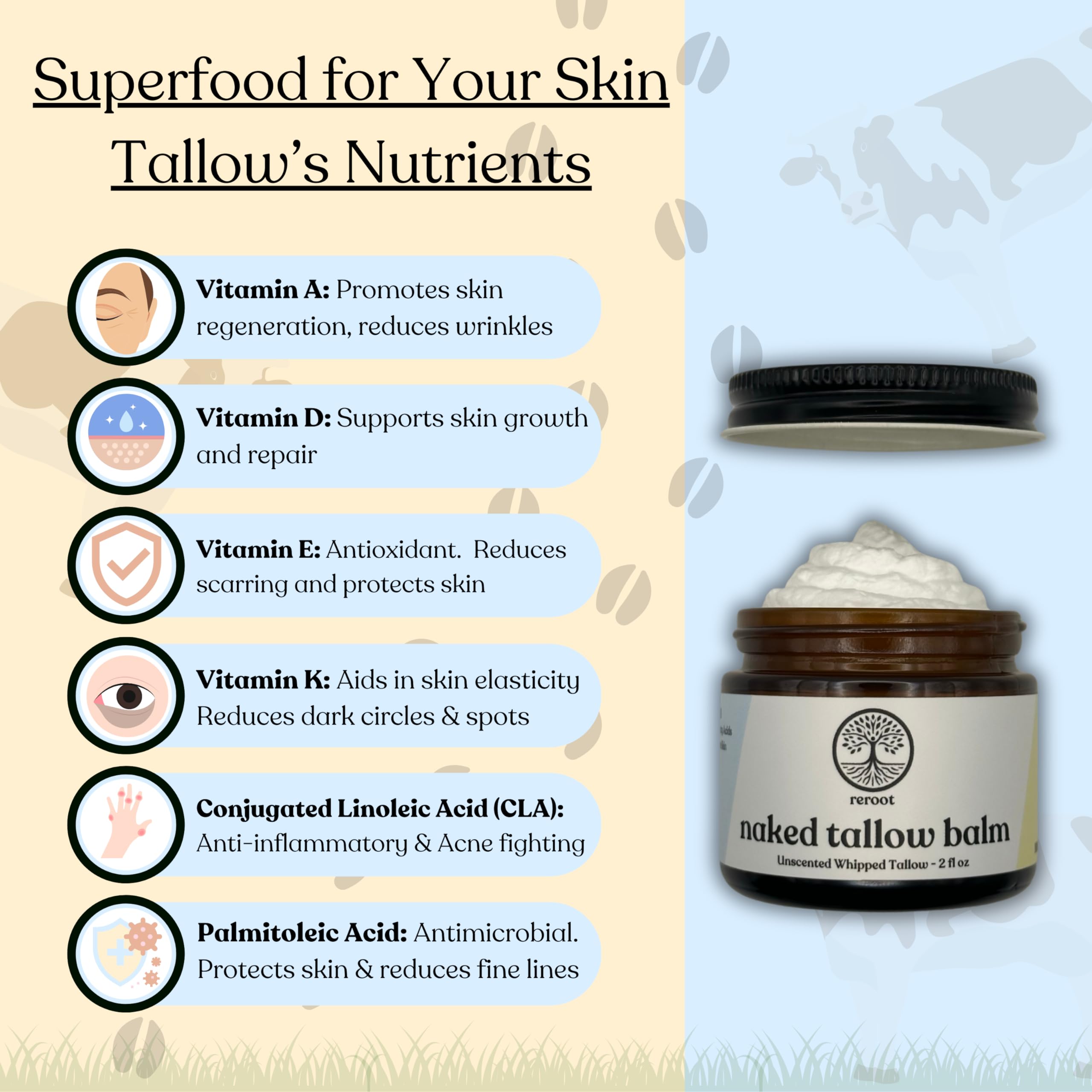Handmade NAKED TALLOW BALM | 1 Ingredient - 100% Grass Fed Tallow | Whole Body & Face | Whipped & UNSCENTED for Sensititve Dry Skin, Babies, Eczema, Psoriasis, Rosacea (2oz)