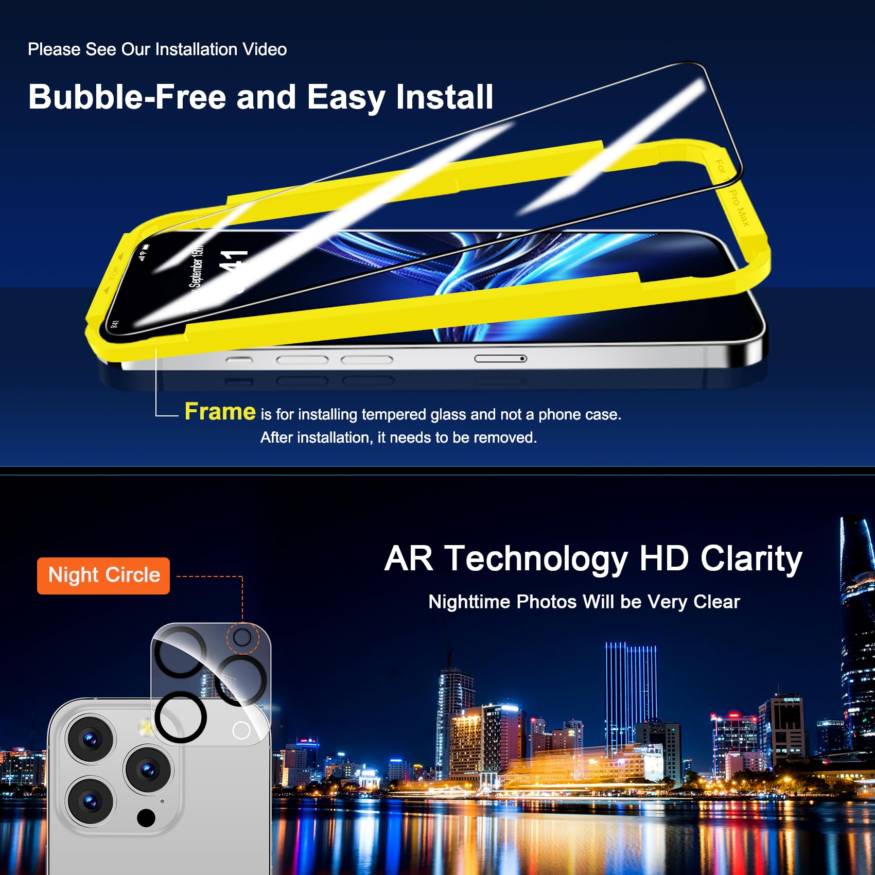 QHOHQ for iPhone 16 Pro Max Screen Protector with Camera Lens Protector, [Military Grade Shatterproof], Top 9H+ Tempered Glass, Full Edge Coverage, Ultra Durable, with Installation Tool [3+3 Pack]