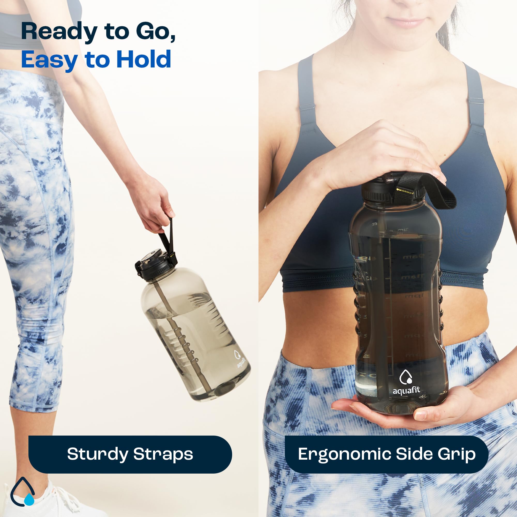 AQUAFIT 128 oz Water Bottle with Time Marker - 2in1 Straw & Chug Lid - BPA Free Big Water Bottle with Straw - Gym Water Bottle with Strap - Water Jug (128 Ounces, Gray)