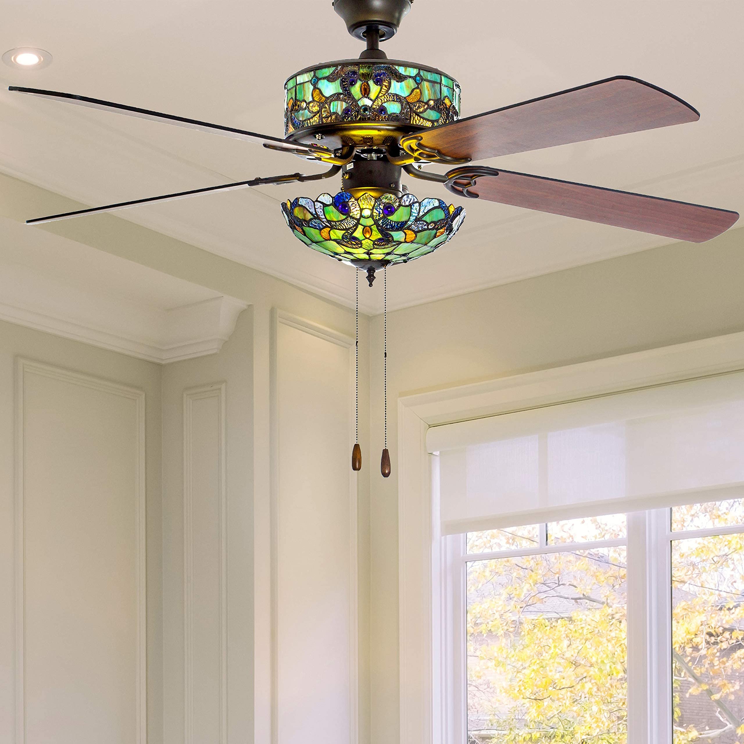 RIVER OF GOODS Stained Glass Magna Carta LED Ceiling Fan - 52" L x 52" W - Tiffany Style - Flush Mount Ceiling Fan with Remote - Teal