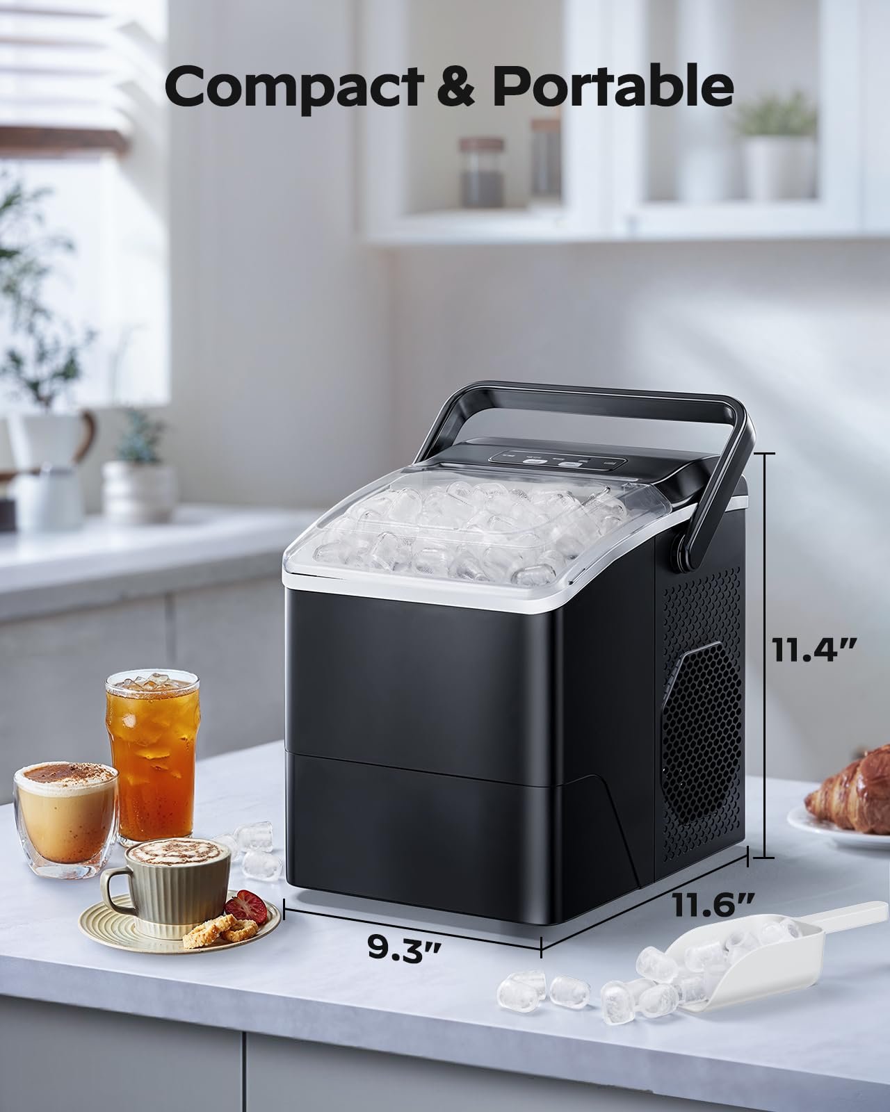 HOMEZAY Ice Maker Countertop, 9 Cubes Ready in 6 Mins, 26 lbs per Day, Ice Machine with 2 Ice Sizes and Self-Cleaning, Portable Ice Maker with Handle for Home, Kitchen, Camping, RV, Office, Black