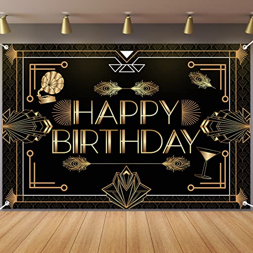 Roaring 20s Party Decorations Birthday Backdrop Banner for Women Men 1920s Great Gatsby Themed Background Bday Black and Gold Favors Props Photography Sign Decor Supplies