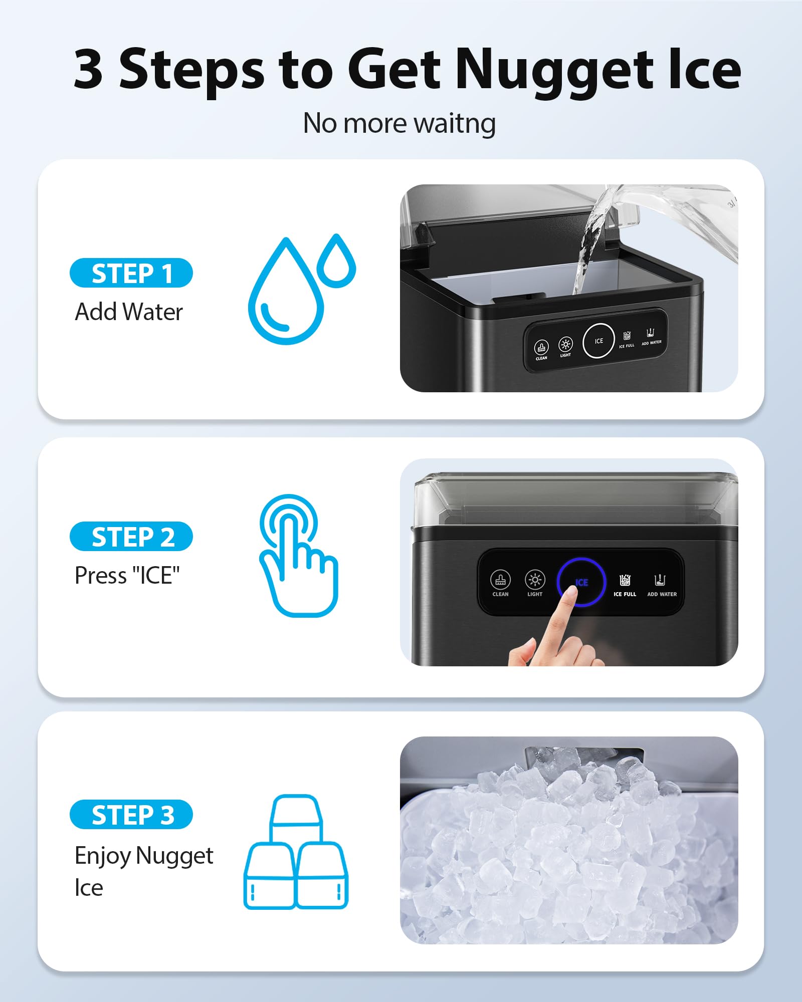 Aeitto Nugget Ice Maker 40Lbs/24H, Countertop Soft Chewable Ice Pebble Ice Machine, One-Click Operation, Auto Self-Cleaning Ice Makers with Scoop&Basket for Home, Office, Kitchen, Party (Black)