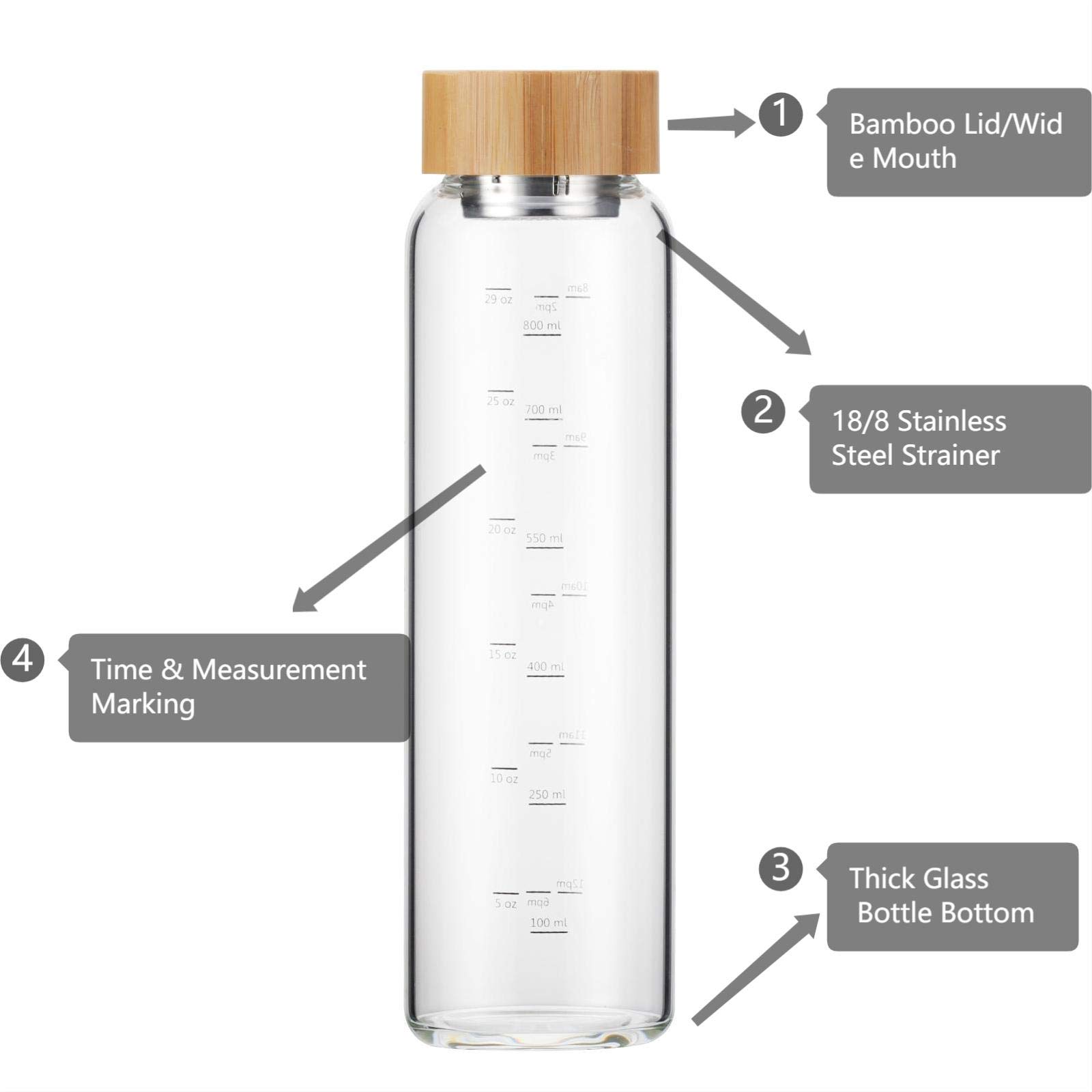 sunkey Glass Water Bottle 32 oz Wide Mouth with Sleeve Bamboo Lid Motivational Water Bottle With Time Marker Reusable Safe for Hot Cold Drinks Bpa Free (Gray)