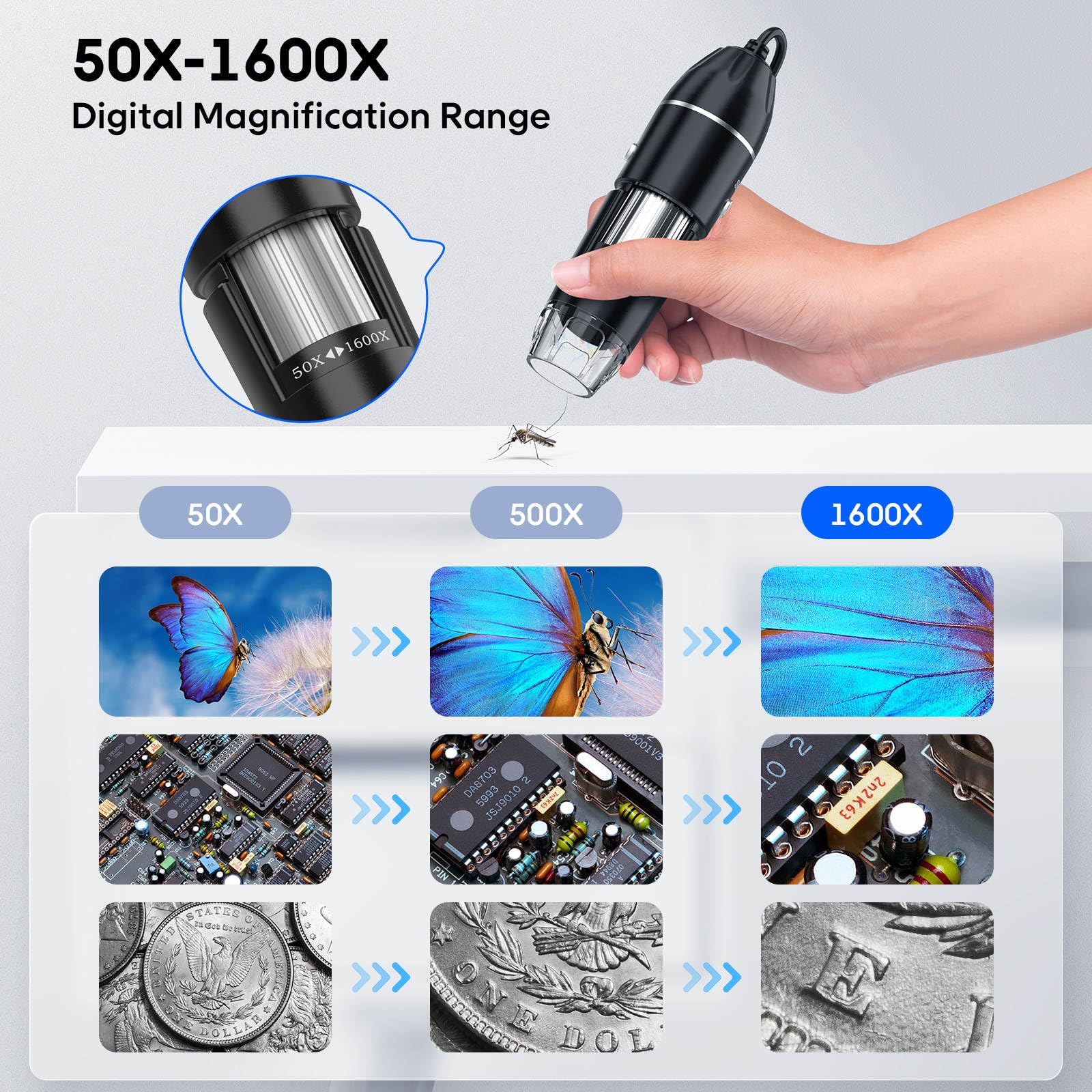 USB Digital Microscope, 50x-1600x Magnification Handheld, 1440P HD 8 LED Lights, Portable Microscope Compatible with iOS and Android Devices, 2MP Portable Microscope Camera for Adults, Kids