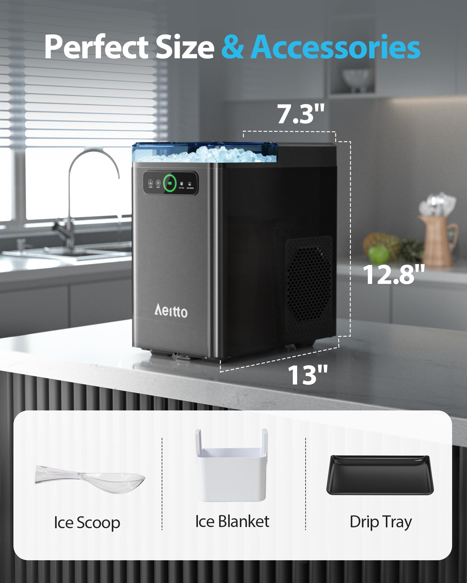 Aeitto Nugget Ice Maker 40Lbs/24H, Countertop Soft Chewable Ice Pebble Ice Machine, One-Click Operation, Auto Self-Cleaning Ice Makers with Scoop&Basket for Home, Office, Kitchen, Party (Black)