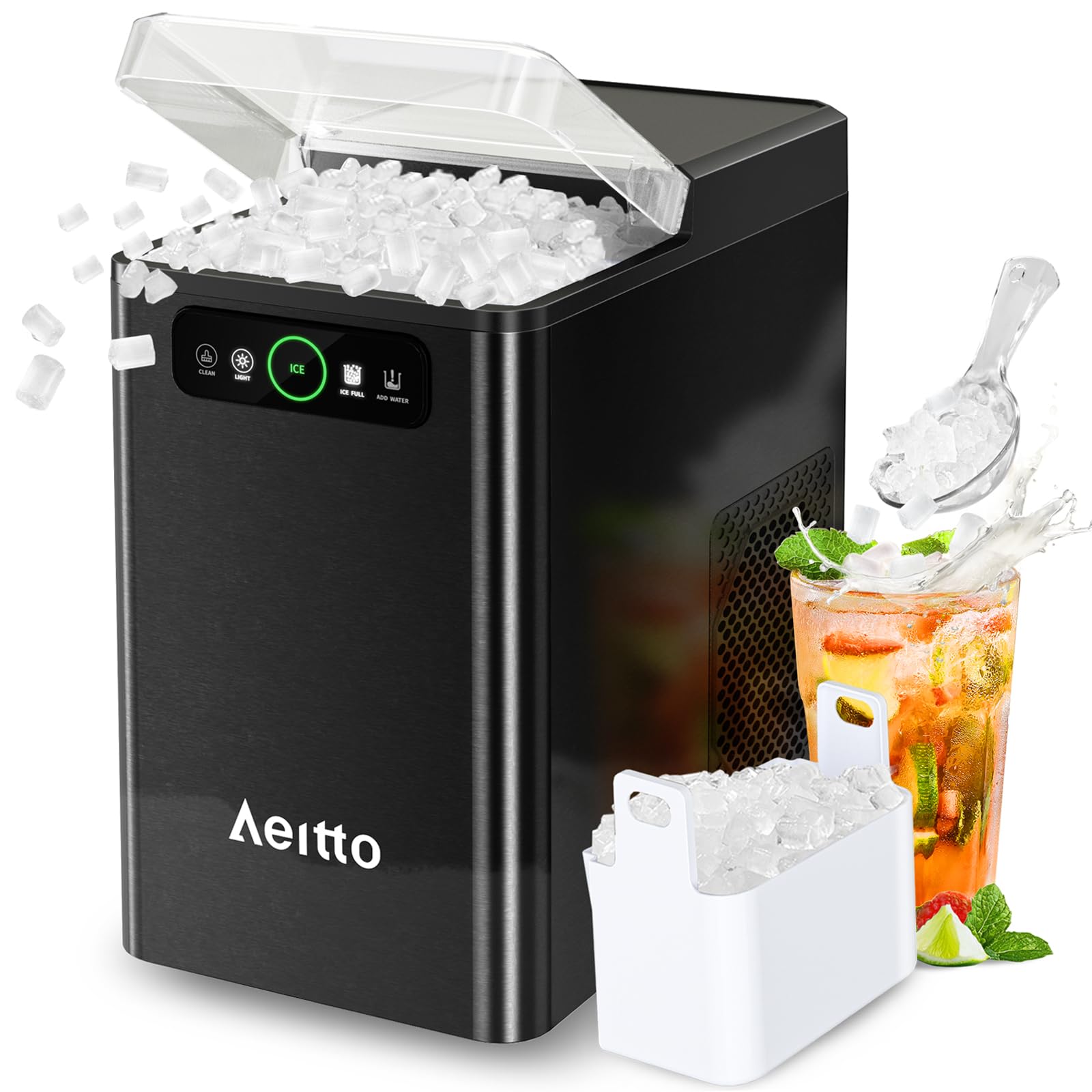 Aeitto Nugget Ice Maker 40Lbs/24H, Countertop Soft Chewable Ice Pebble Ice Machine, One-Click Operation, Auto Self-Cleaning Ice Makers with Scoop&Basket for Home, Office, Kitchen, Party (Black)