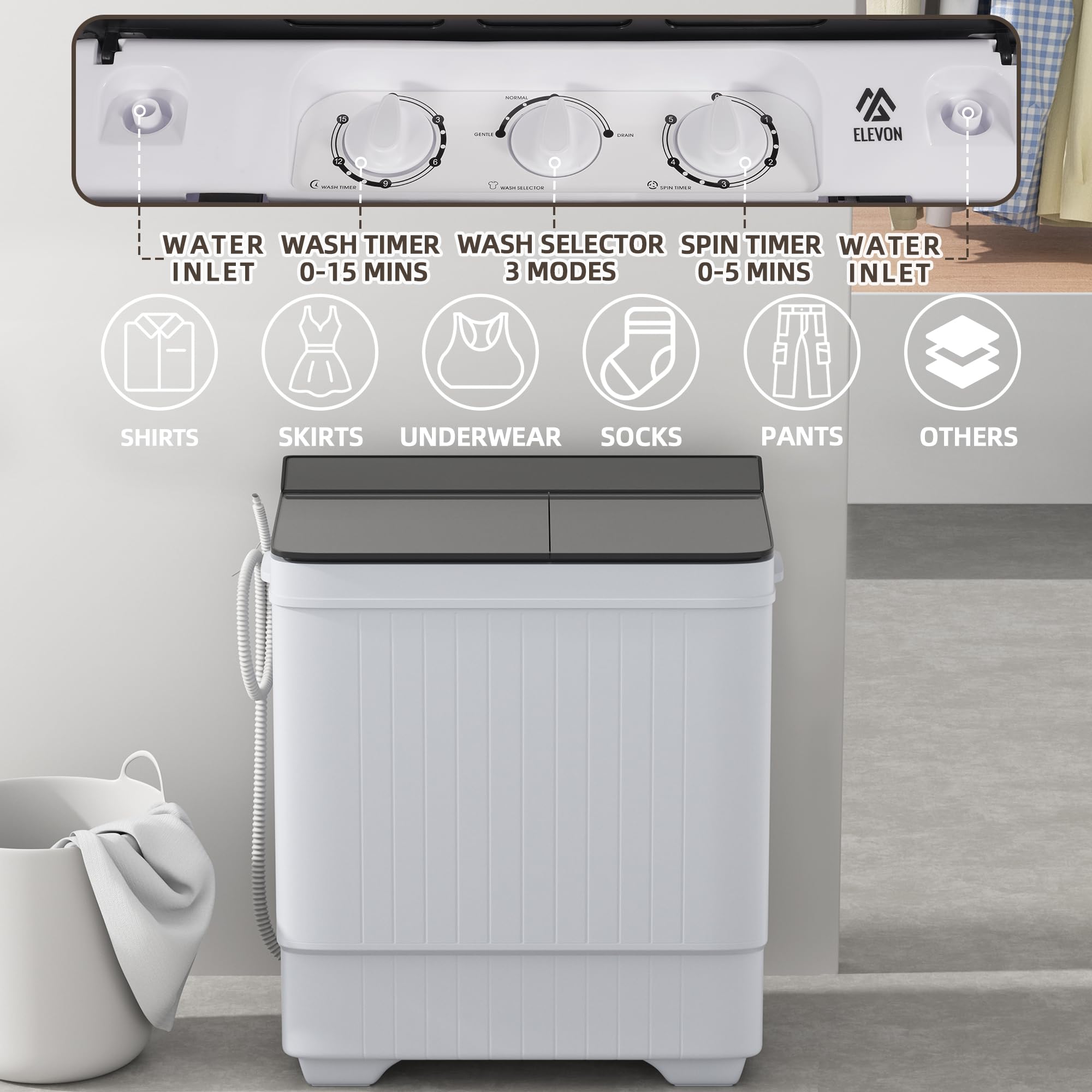 Elevon Portable Washing machine, 28lbs Mini Compact Laundry Washing Machine, Twin Tub 18lbs Washer & 10lbs Spinner Combo, Clothes Washer Machine with Drain Pump for Apartment, Dormitory and RVs