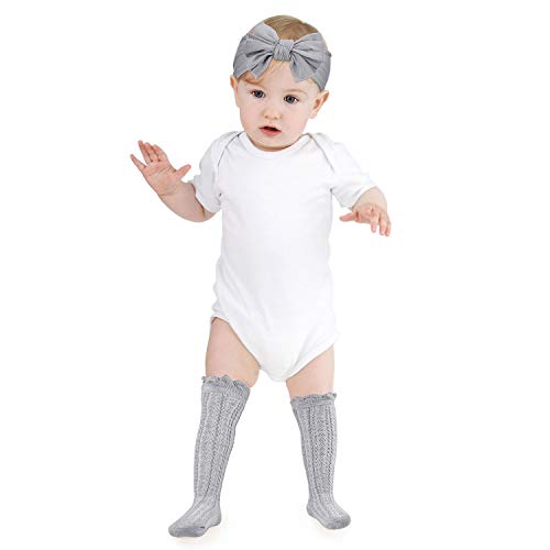 5 Pairs Baby Girl Knit Knee Sock with 5 Pieces Bowknot Headband (Small,Multicolored)