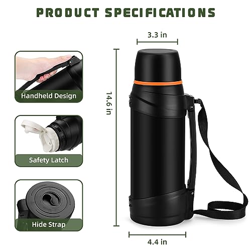 Beyoung 2000ML Large Coffee Thermoses for Cold & Hot, Portable 304 Stainless Steel Classic Vacuum Bottle with Plastic Cup and Hidden Strap for Sports Hiking Fishing (Black)