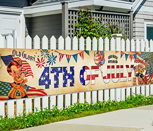 4th of July Patriotic Banner - Vintage Style Independence Day Yard Sign Banner - Fourth of July Party Supplies for Indoor Outdoor (118X24inch)