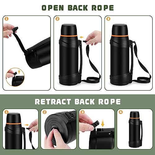 Beyoung 2000ML Large Coffee Thermoses for Cold & Hot, Portable 304 Stainless Steel Classic Vacuum Bottle with Plastic Cup and Hidden Strap for Sports Hiking Fishing (Black)