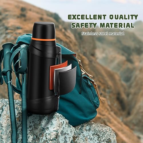 Beyoung 2000ML Large Coffee Thermoses for Cold & Hot, Portable 304 Stainless Steel Classic Vacuum Bottle with Plastic Cup and Hidden Strap for Sports Hiking Fishing (Black)