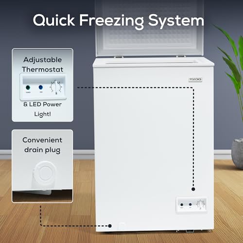 Igloo ICFXX35WH6AD Chest Freezer with Removable Basket and Front Defrost Water Drain, Small Deep Freezer Perfect for Homes 3.5 Cu.Ft., White
