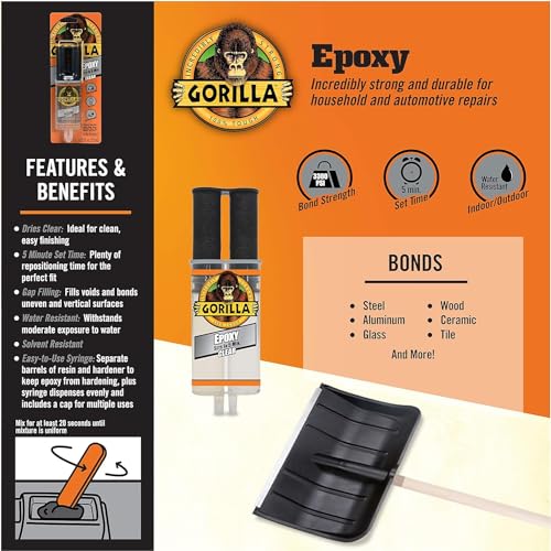 Gorilla 2 Part Epoxy, Clear Epoxy, 0.85 Ounce Syringe (Pack of 1) - 5 Minute Set, Incredibly Strong Bonding