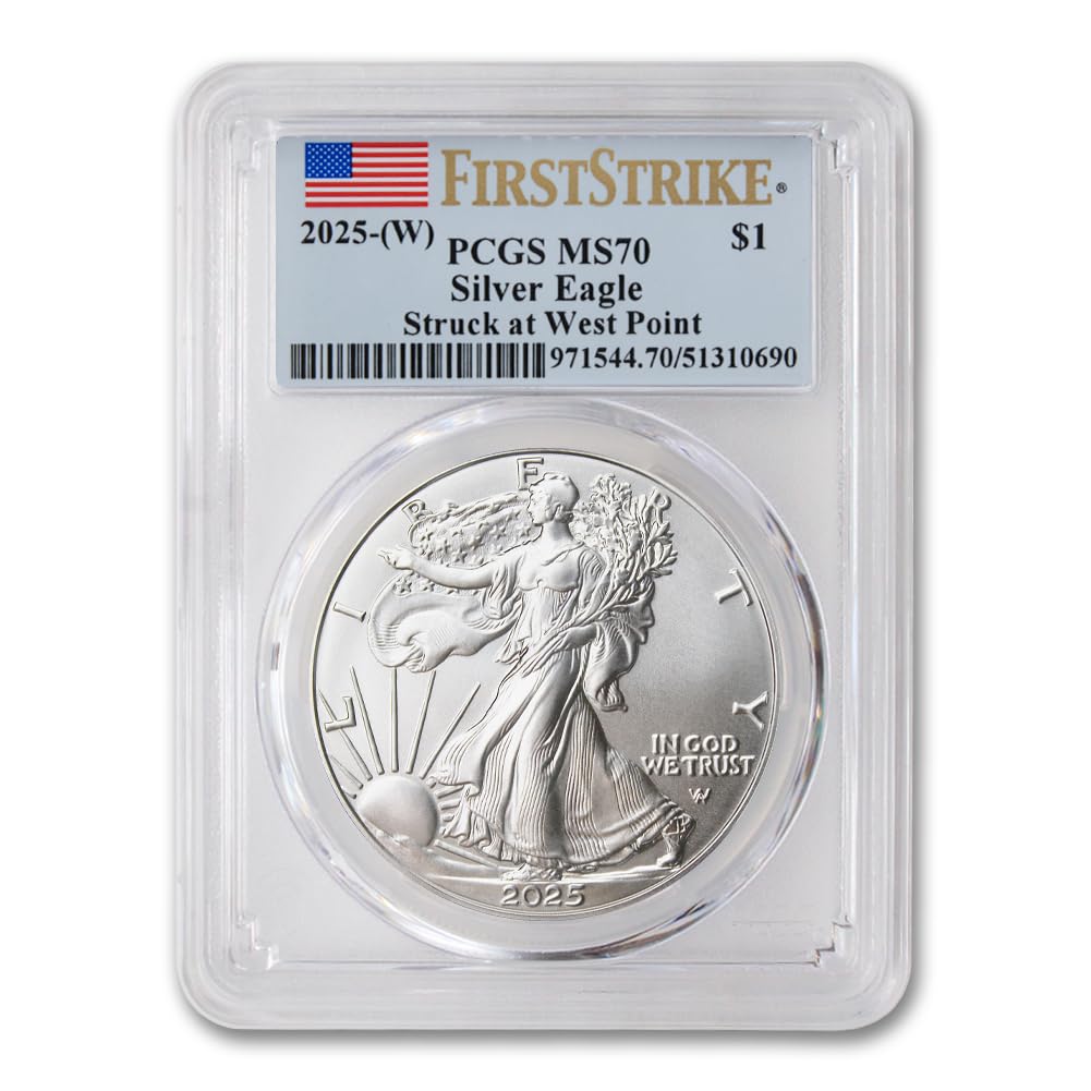 2025 (W) 1 oz American Silver Eagle Coin MS-70 (First Strike - Struck at West Point - Flag Label) $1 PCGS MS70