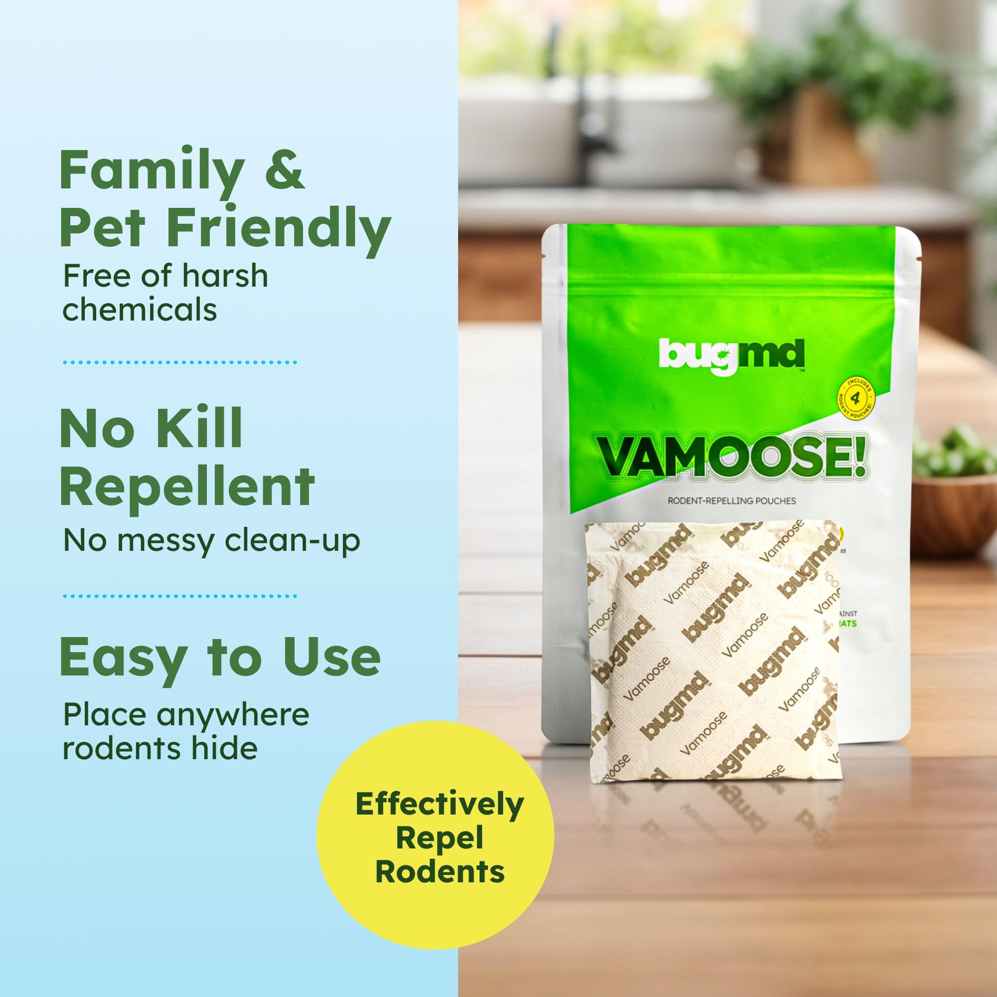 BugMD Vamoose Rodent Repellent Pouches (2 Pack, 8 Pouches) β Plant-Powered Rat Repellent, Mouse Deterrent, Indoor & Outdoor Mice Repellent, Best Mouse Repellent, Natural Rat & Mouse Repellent