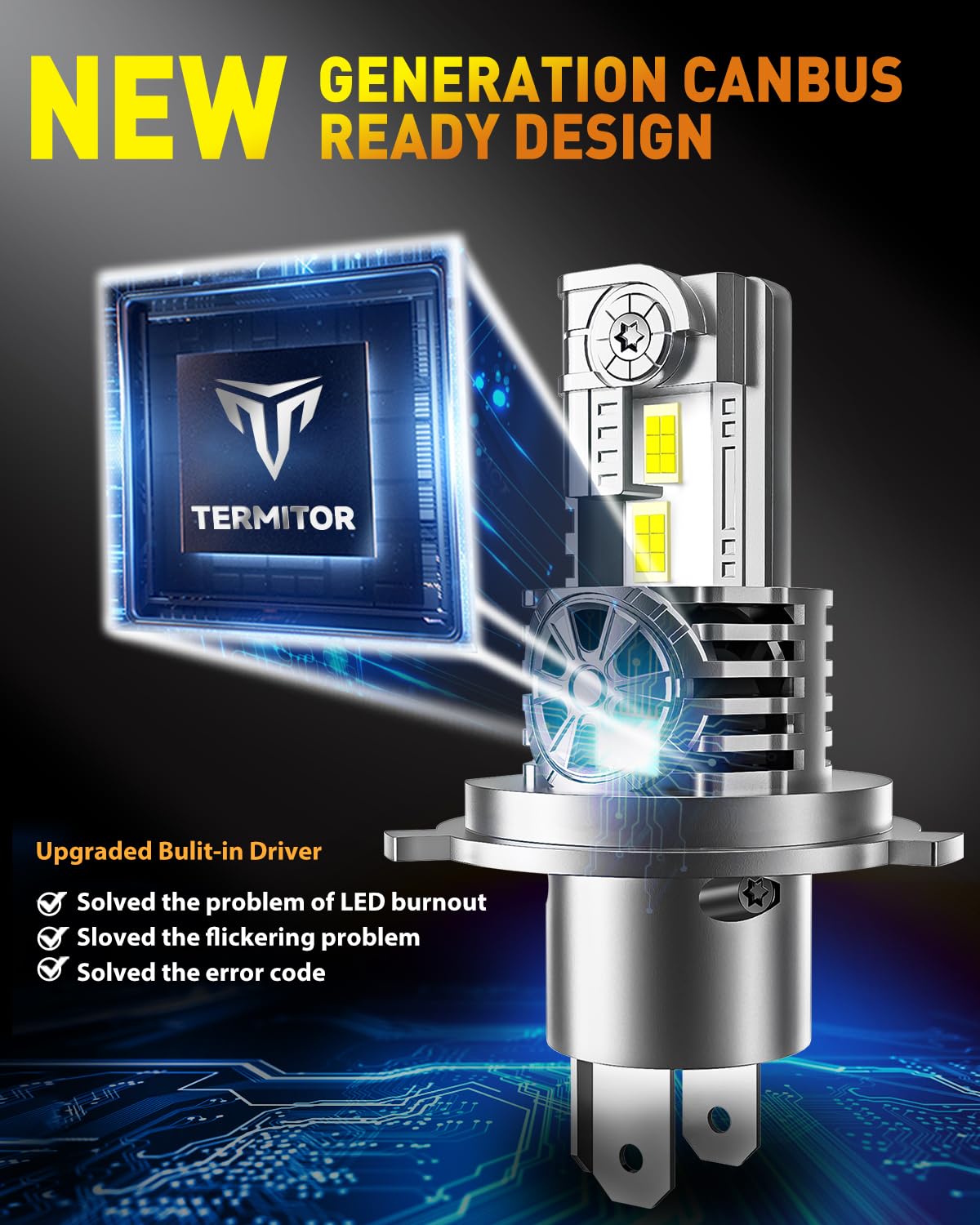 Termitor H4/9003/HB2 LED Bulbs Hi/Low Beam, 30000LM 800% Super Brighter, 1:1 Halogen Size, 6500K Cool White, 60000Hrs Long Service Life with Cooling Fan, Plug and Play, Pack of 2