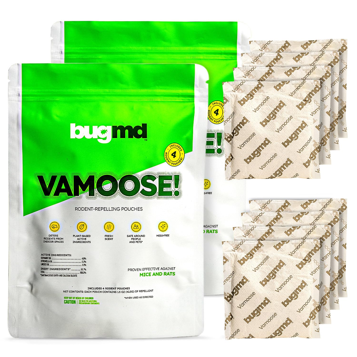 BugMD Vamoose Rodent Repellent Pouches (2 Pack, 8 Pouches) – Plant-Powered Rat Repellent, Mouse Deterrent, Indoor & Outdoor Mice Repellent, Best Mouse Repellent, Natural Rat & Mouse Repellent