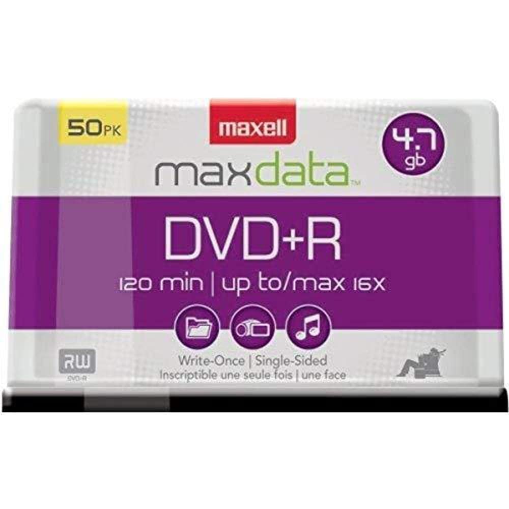 Maxell – MAX639013, DVD-R Blank Disc - 4.7GB Storage Capacity with 16X Write Speed - Write-Once Format for Large File & Superior Archival Life - Compatible with DVD/Player - 50 Pack Spindle Silver
