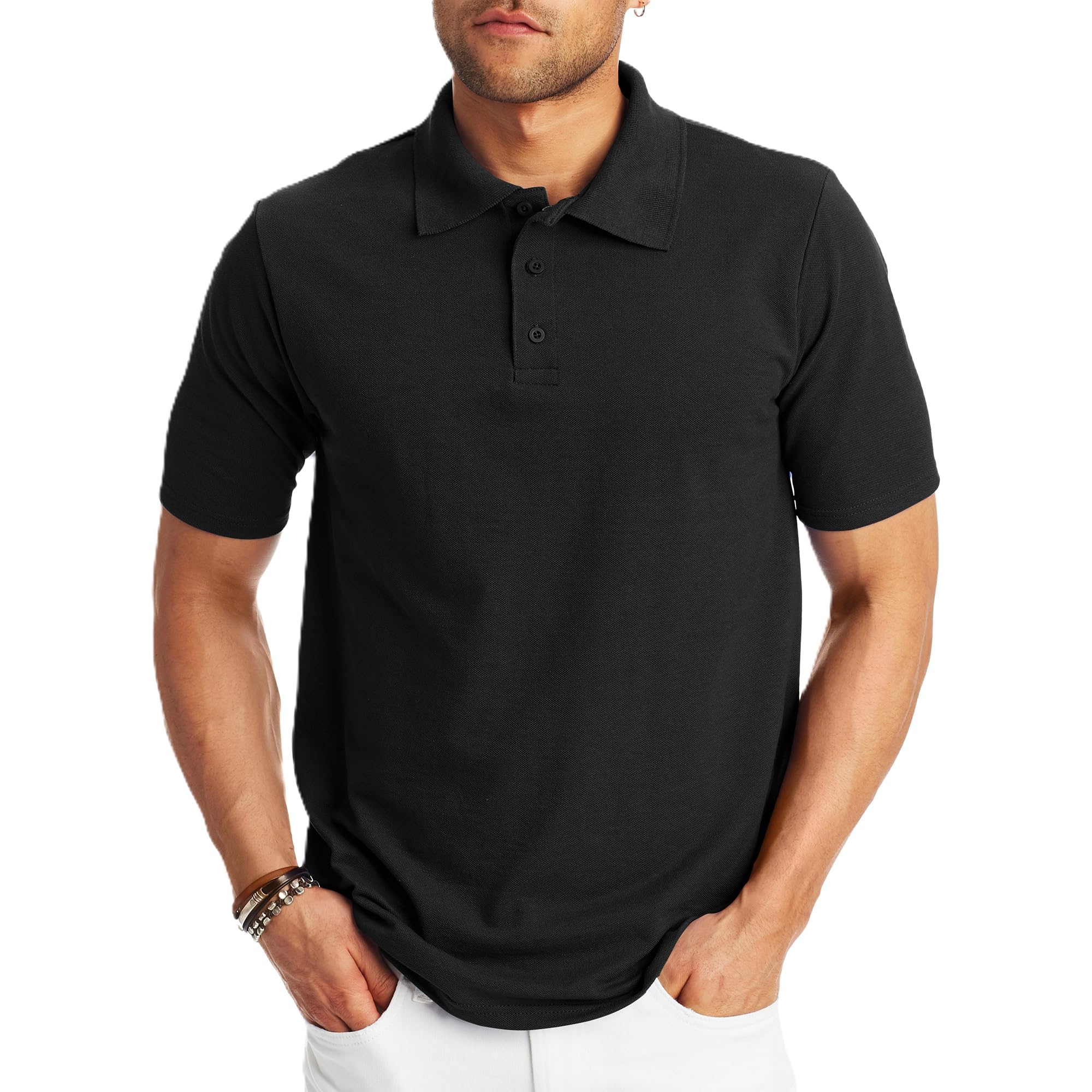 Hanes Mens Pique Short Sleeve Polo Shirt, Three-button Midweight For, Black, X-Large US