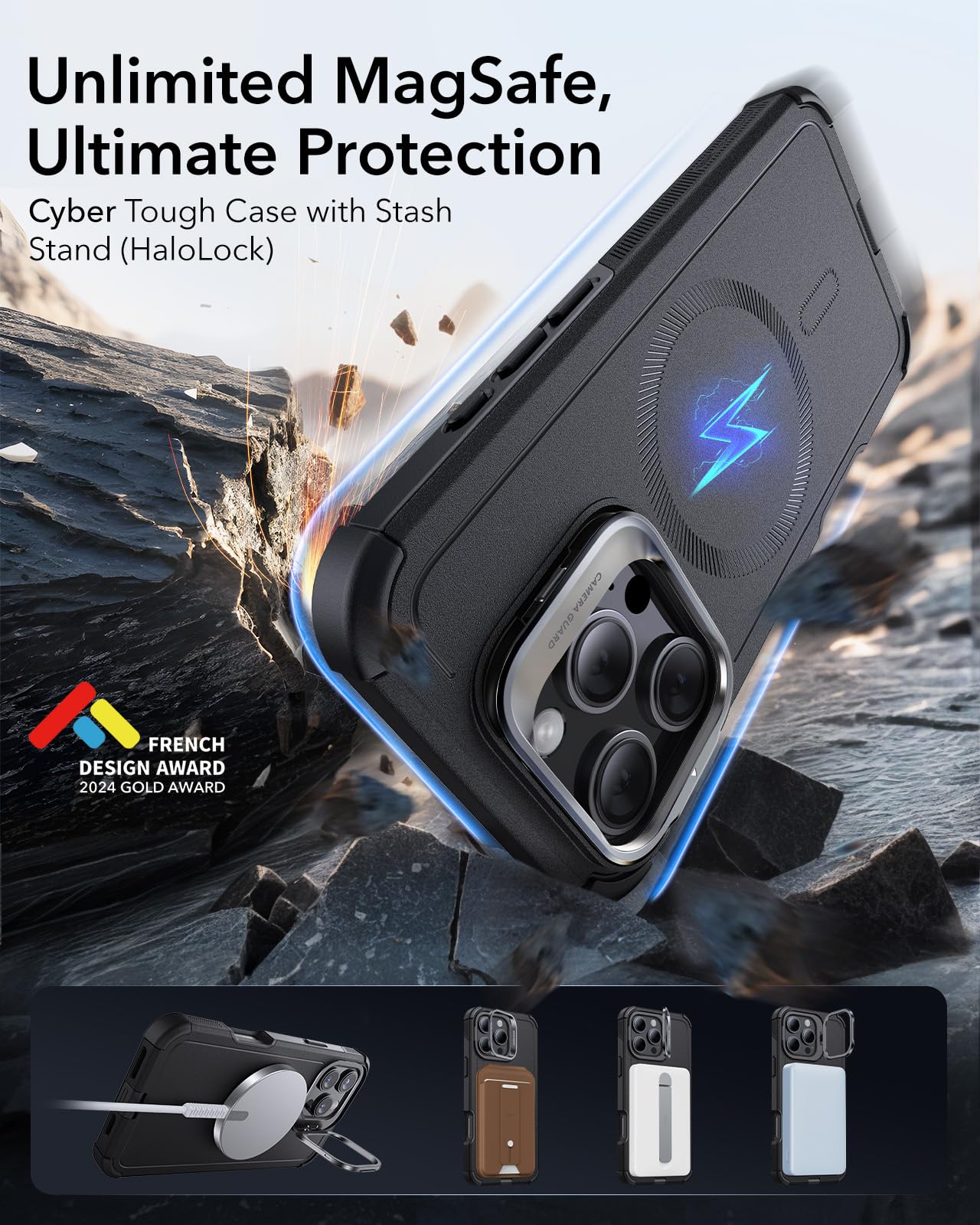 ESR for iPhone 16 Pro Max Case with Stand, 23FT Military-Grade Drop Protection, Heavy Duty Magnetic Phone Case, Compatible with MagSafe Accessories, Cyber Series, Black