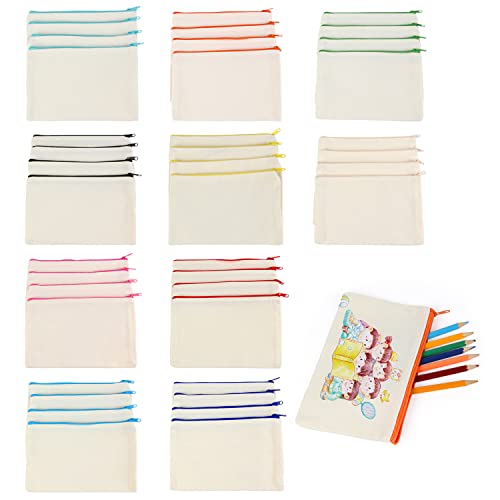 LUPBOK 40Pcs Blank DIY Craft Bag Canvas Pen Pencil Pouch Bags Canvas Zipper Pouch Cute Makeup Bag Travel Cosmetic Bag,L