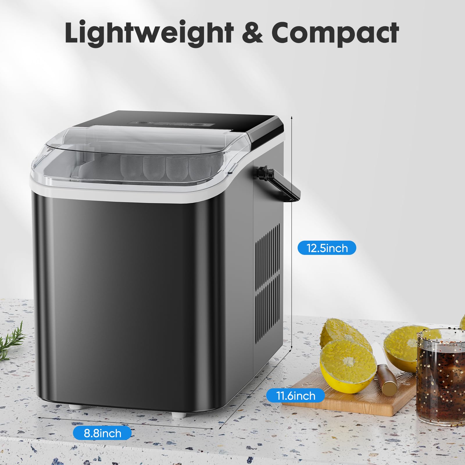 DUMOS Ice Maker Countertop Ice Machine Compact Size with Handle, 26lbs in 24Hrs, 9 Bullet Ice Cubes in 6 Mins, Self-Cleaning Function, Portable for Home, Kitchen, RV, Camping, Quiet Operation, Black