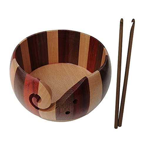 Alapaste Wooden Yarn Bowl Holder with Bamboo Handle Crochet Hook,6 Inch Wool Storage Handmade Crochet Kit Organizer Knitting Yarn Holder with Hole DIY Crafting Supplies,A1
