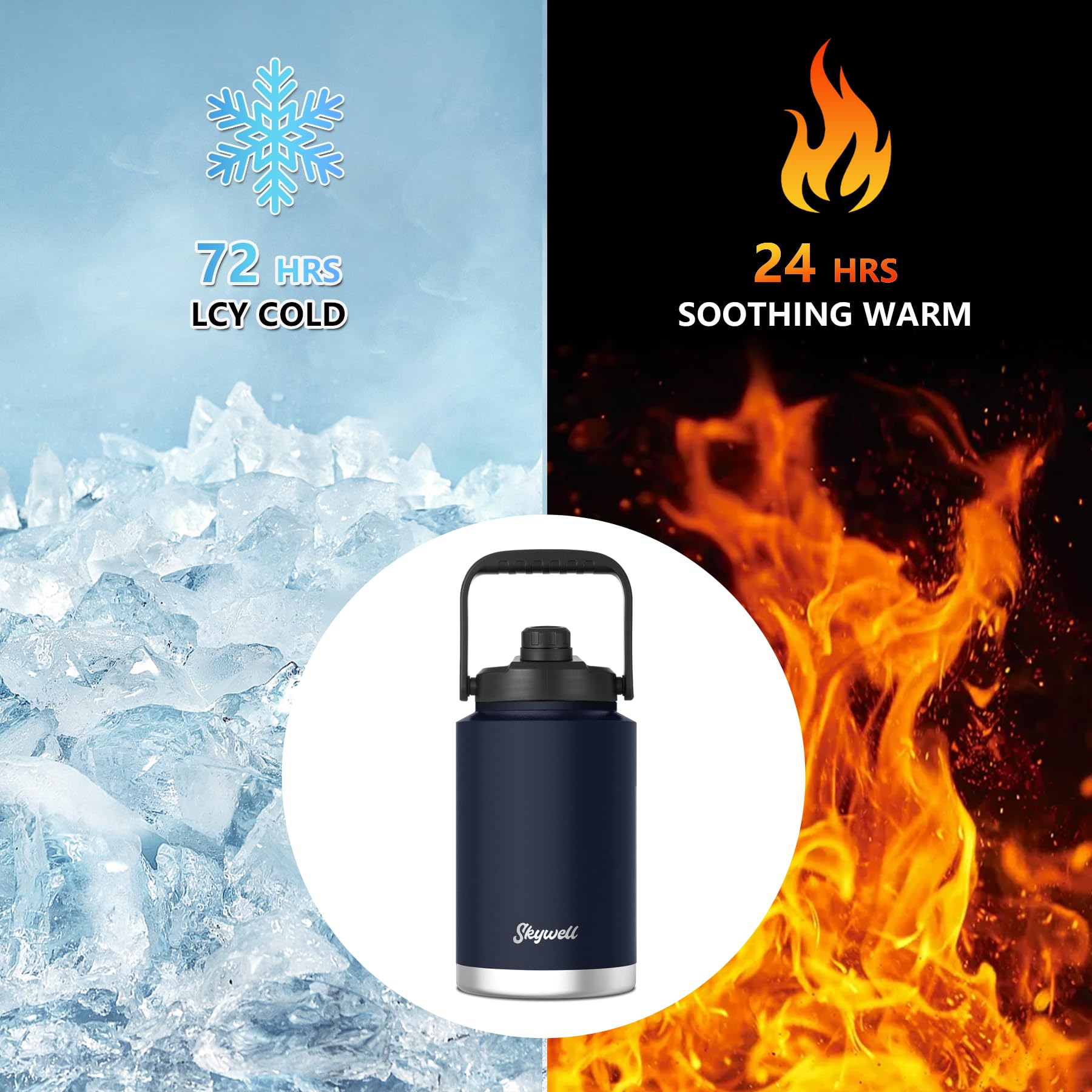 SkyWell 1 Gallon Insulated Water Bottle with Handle and Wide Mouth Water Flask Sweat-Proof and Leak-Proof 128 Oz Stainless Steel Water Jug for Outdoors, Navy