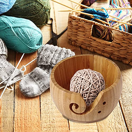 Alapaste Wooden Yarn Bowl Holder with Bamboo Handle Crochet Hook,6 Inch Wool Storage Handmade Crochet Kit Organizer Knitting Yarn Holder with Hole DIY Crafting Supplies,A1