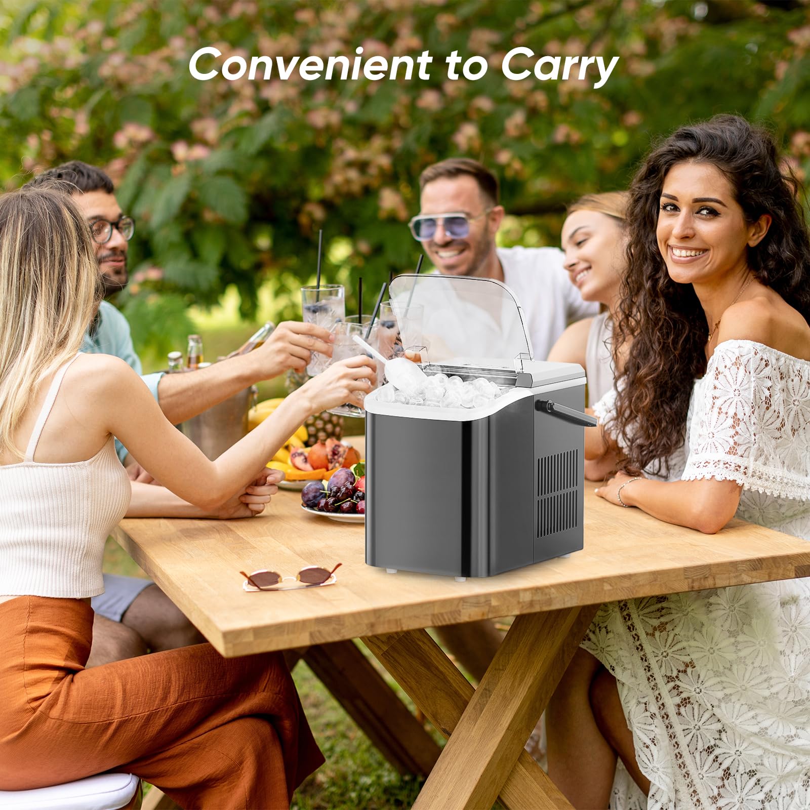DUMOS Ice Maker Countertop Ice Machine Compact Size with Handle, 26lbs in 24Hrs, 9 Bullet Ice Cubes in 6 Mins, Self-Cleaning Function, Portable for Home, Kitchen, RV, Camping, Quiet Operation, Black