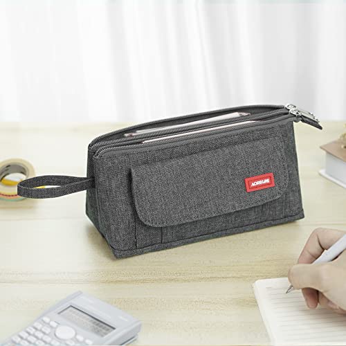 Big Capacity Pencil Case Large Pen Pouch Bag Office College School Travel Organizer Stationery Pouch Zipper Pencil Holder with Easy Grip Handle (Grey)