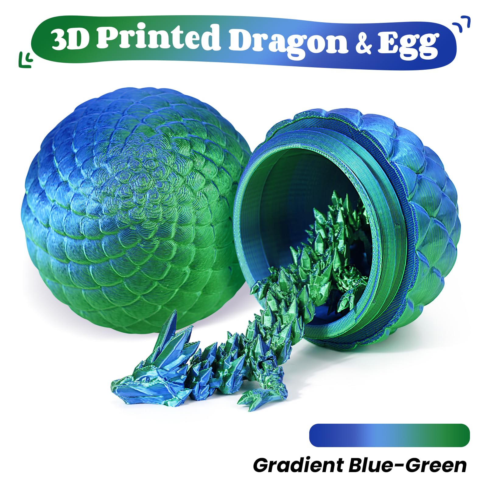 TBOLINE 3D Printed Dragon Easter Egg - Perfect Basket Essentials Stuffers, Prefilled Easter Egg Filled with Toy, Articulated Crystal Dragon Fidget Toy for Kid Boy (Laser Green-12inch)