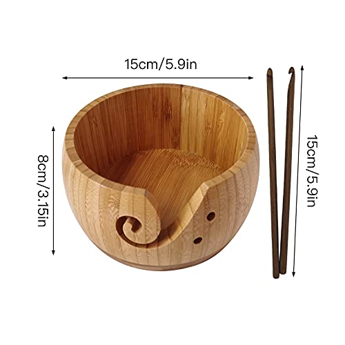 Alapaste Wooden Yarn Bowl Holder with Bamboo Handle Crochet Hook,6 Inch Wool Storage Handmade Crochet Kit Organizer Knitting Yarn Holder with Hole DIY Crafting Supplies,A1