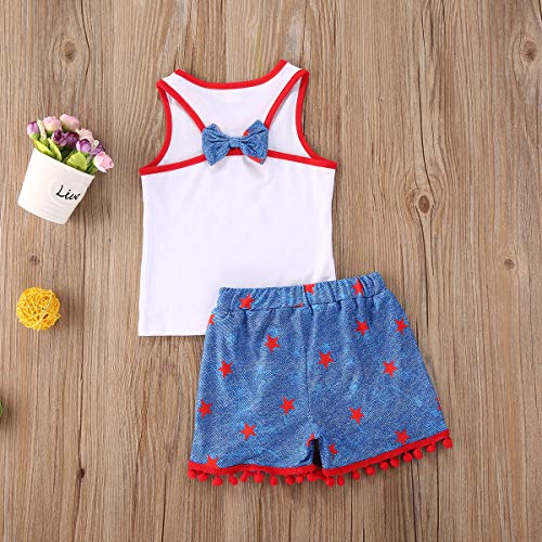 2pcs Baby Girl Holidat Summer Outfit Set,Young Wild Free Vest Tops+ Tassels Short Pants (White Blue, 2-3Y)