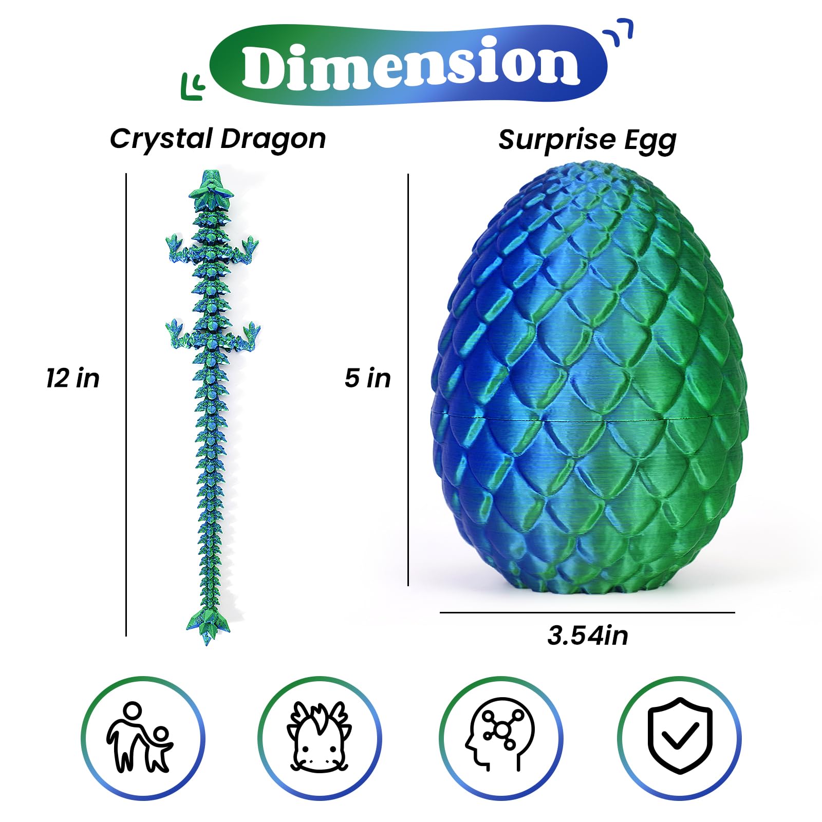 TBOLINE 3D Printed Dragon Easter Egg - Perfect Basket Essentials Stuffers, Prefilled Easter Egg Filled with Toy, Articulated Crystal Dragon Fidget Toy for Kid Boy (Laser Green-12inch)