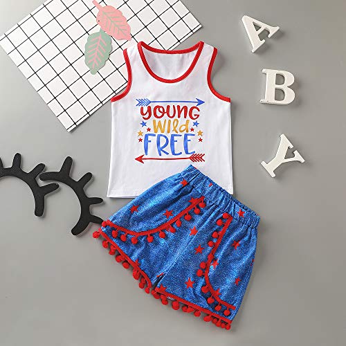 2pcs Baby Girl Holidat Summer Outfit Set,Young Wild Free Vest Tops+ Tassels Short Pants (White Blue, 2-3Y)