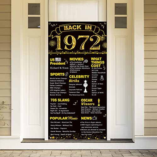DARUNAXY 51st Birthday Black Gold Party Decoration, Back in 1972 Door Banner 51 Year Old Birthday Party Poster Supplies, 1972 Birthday Door Cover Sign Vintage 1972 Backdrop for Men and Women