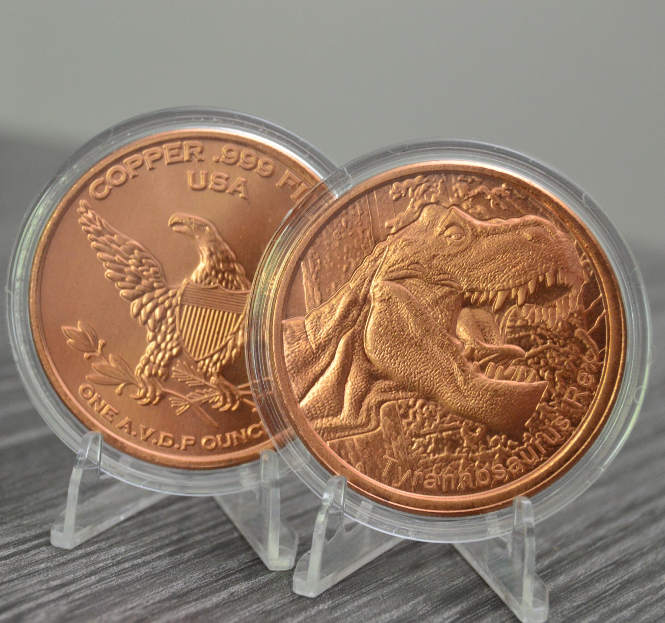 Roaring Tyrannosaurus Rex Prehistoric Dinosaur - 1 oz .999 Pure Copper Round Collecticble 39mm Challenge Coin in Capsule - COA by Heavenly Metals