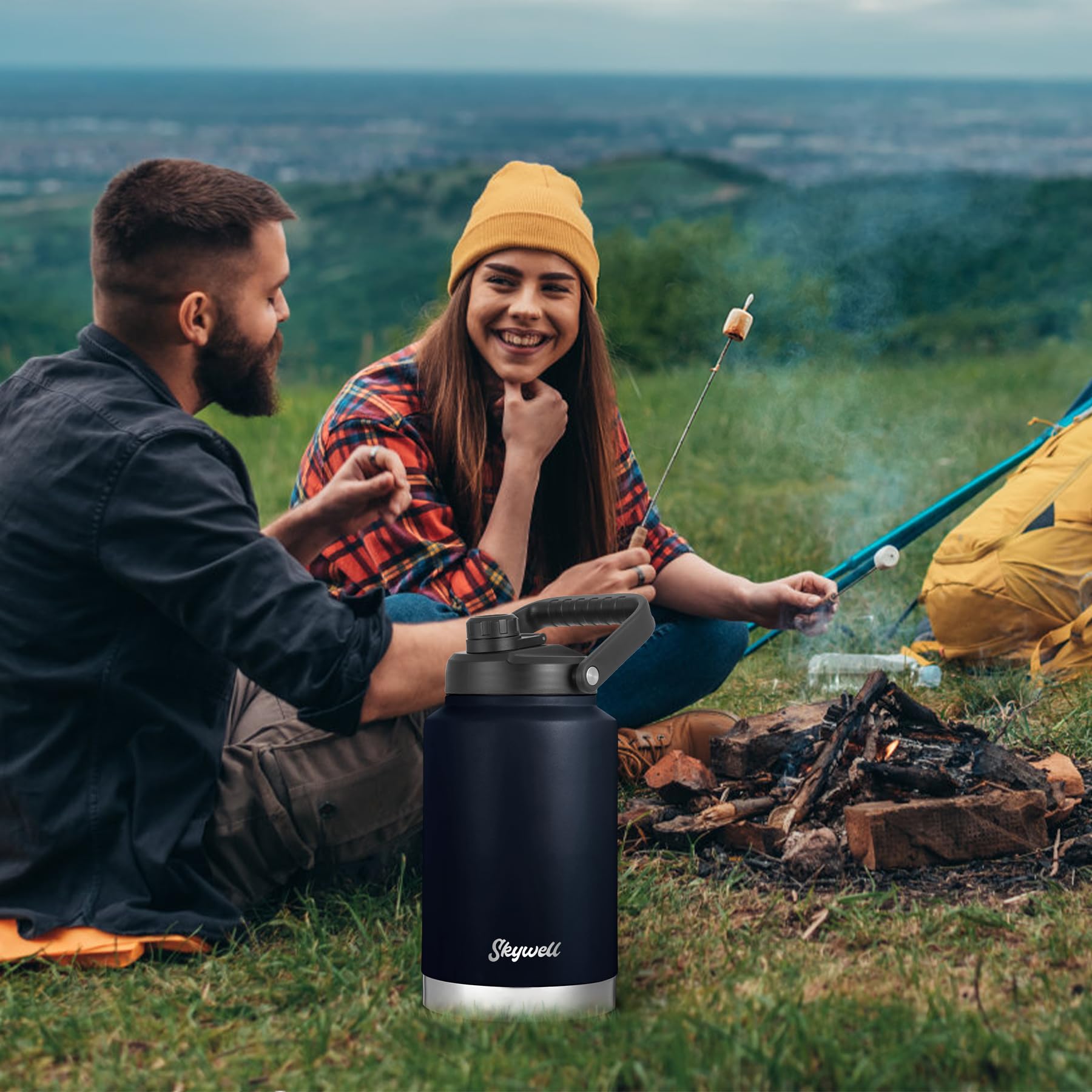 SkyWell 1 Gallon Insulated Water Bottle with Handle and Wide Mouth Water Flask Sweat-Proof and Leak-Proof 128 Oz Stainless Steel Water Jug for Outdoors, Navy