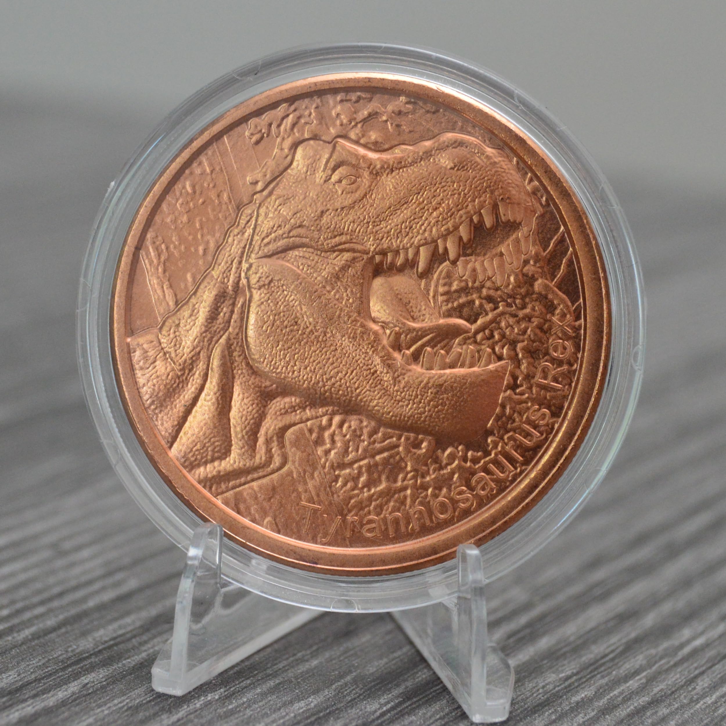 Roaring Tyrannosaurus Rex Prehistoric Dinosaur - 1 oz .999 Pure Copper Round Collecticble 39mm Challenge Coin in Capsule - COA by Heavenly Metals