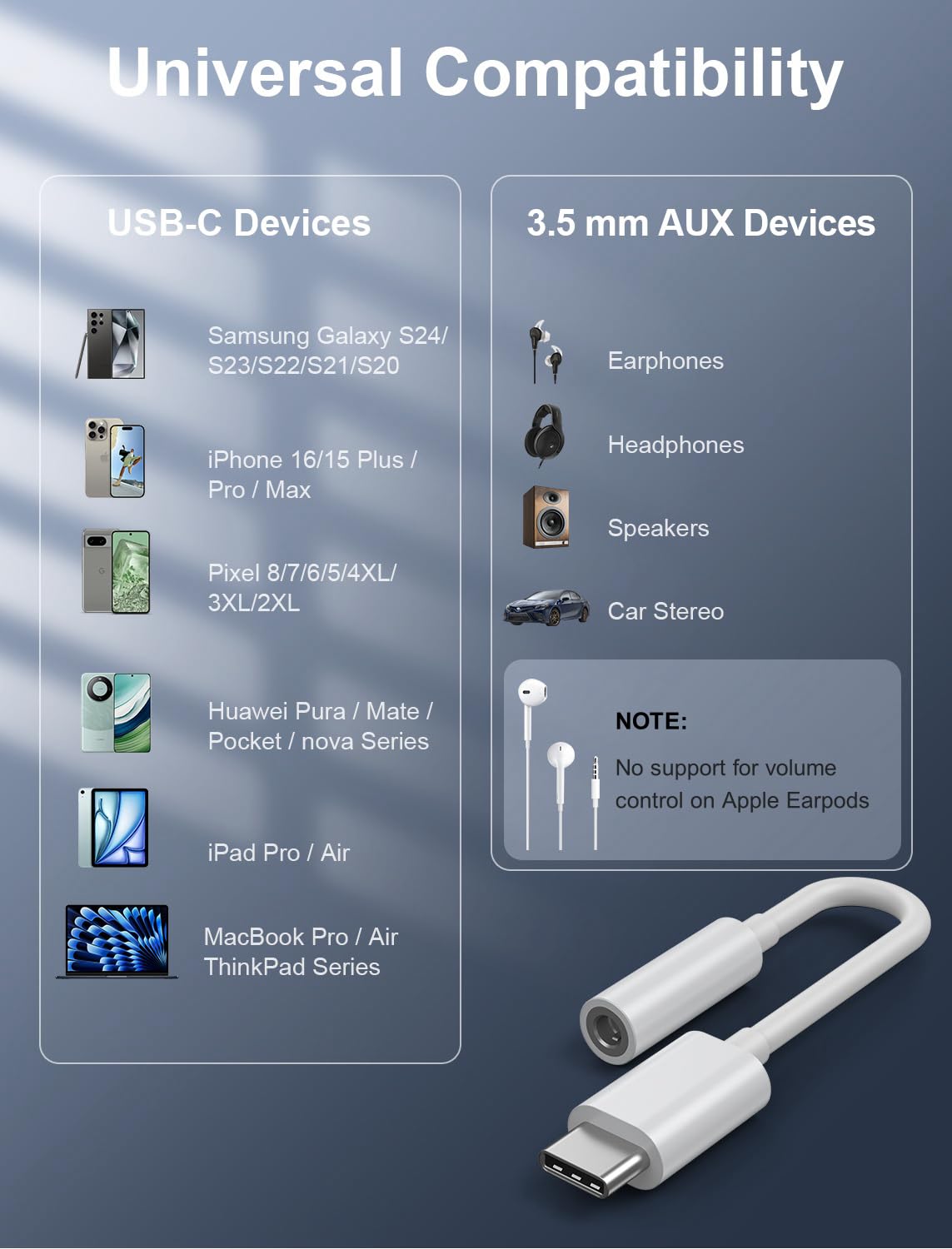 USB-C to 3.5mm Audio Headphone Adapter - HiFi 2 Pack Compatible with Apple iPhone 16 15 Samsung Galaxy S24 S23 S22 S21 Plus Pro Max Ultra Pixel iPad - Type C to Jack Dongle Adapter