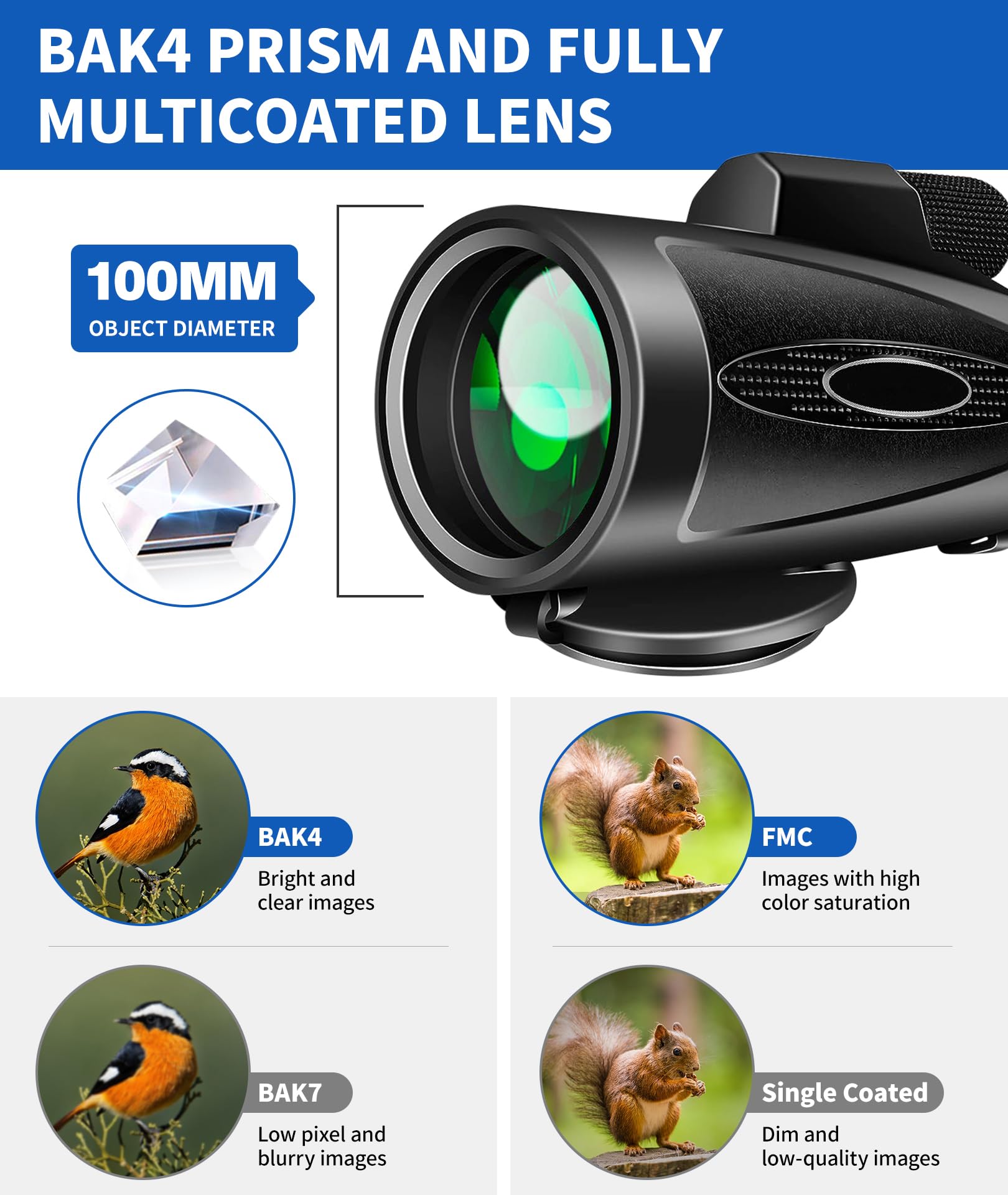 Monocular Telescope 80x100 High Power with Smartphone Adapter Tripod,Larger Vision Monoculars for Adults with BAK4 Prism & FMC Lens, Suitable for Bird Watching Hunting Hiking Camping Wildlife-Black