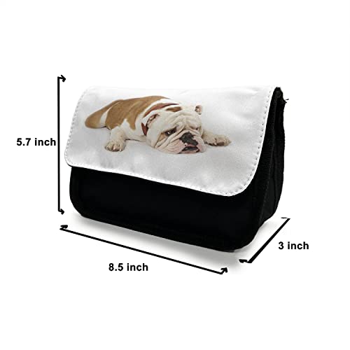 Ambesonne English Bulldog Pencil Case, Sad Animal, Fabric Pen Pencil Bag with Double Zipper, 8.5" x 5.5", Cream Brown