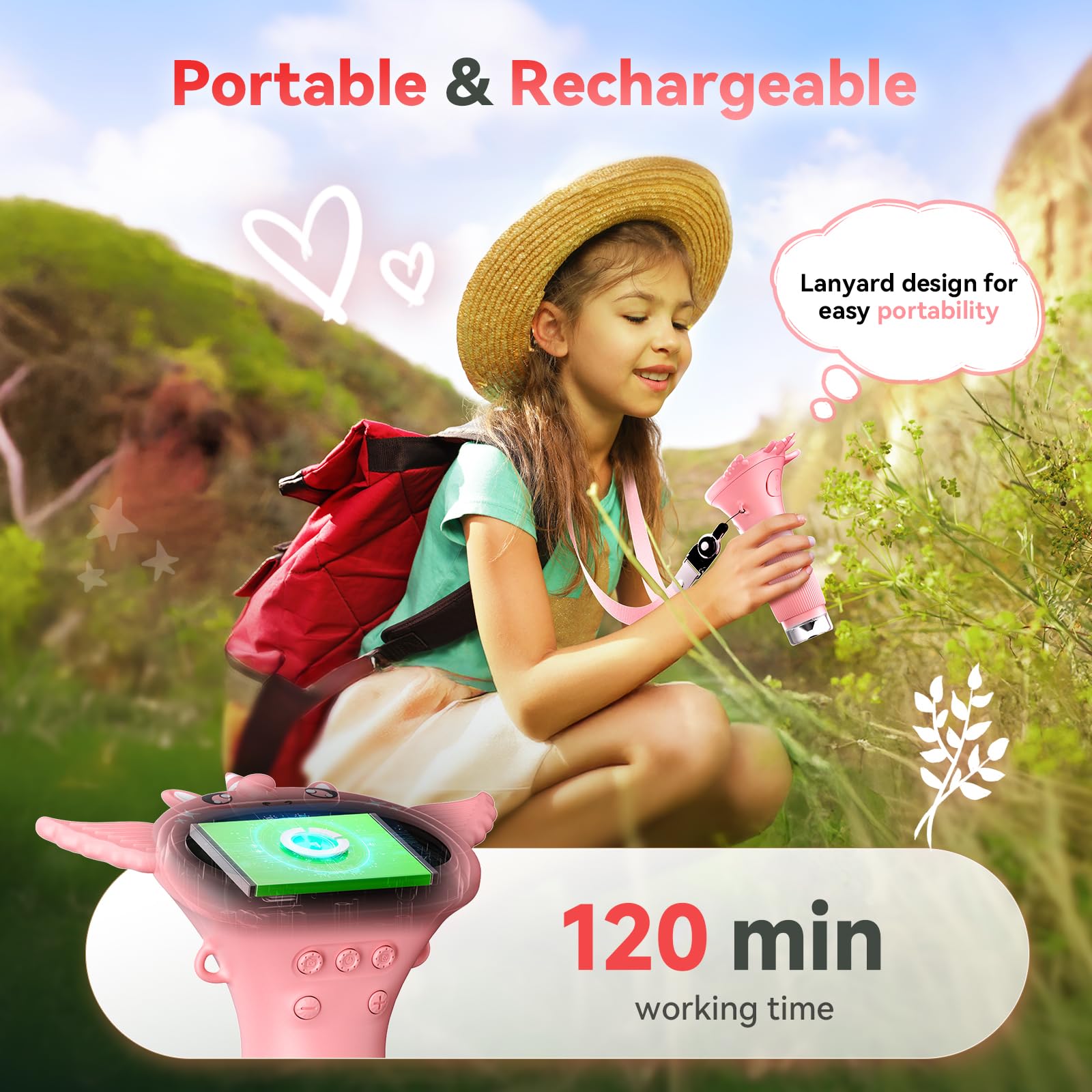 Hideal HP40 Microscope for Kids [Easy and Fun] 2" IPS Portable Handheld Kids Microscope Miniscope, Pocket Mini Scope Educational Science Kit, Birthday Easter Gifts for Kids, PC View, Pink